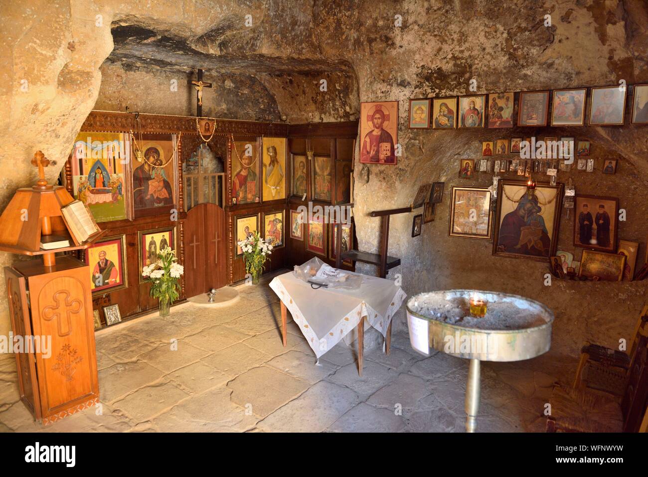 Greece, Crete, Matala, Orthodox church carved into a cave, interior ...