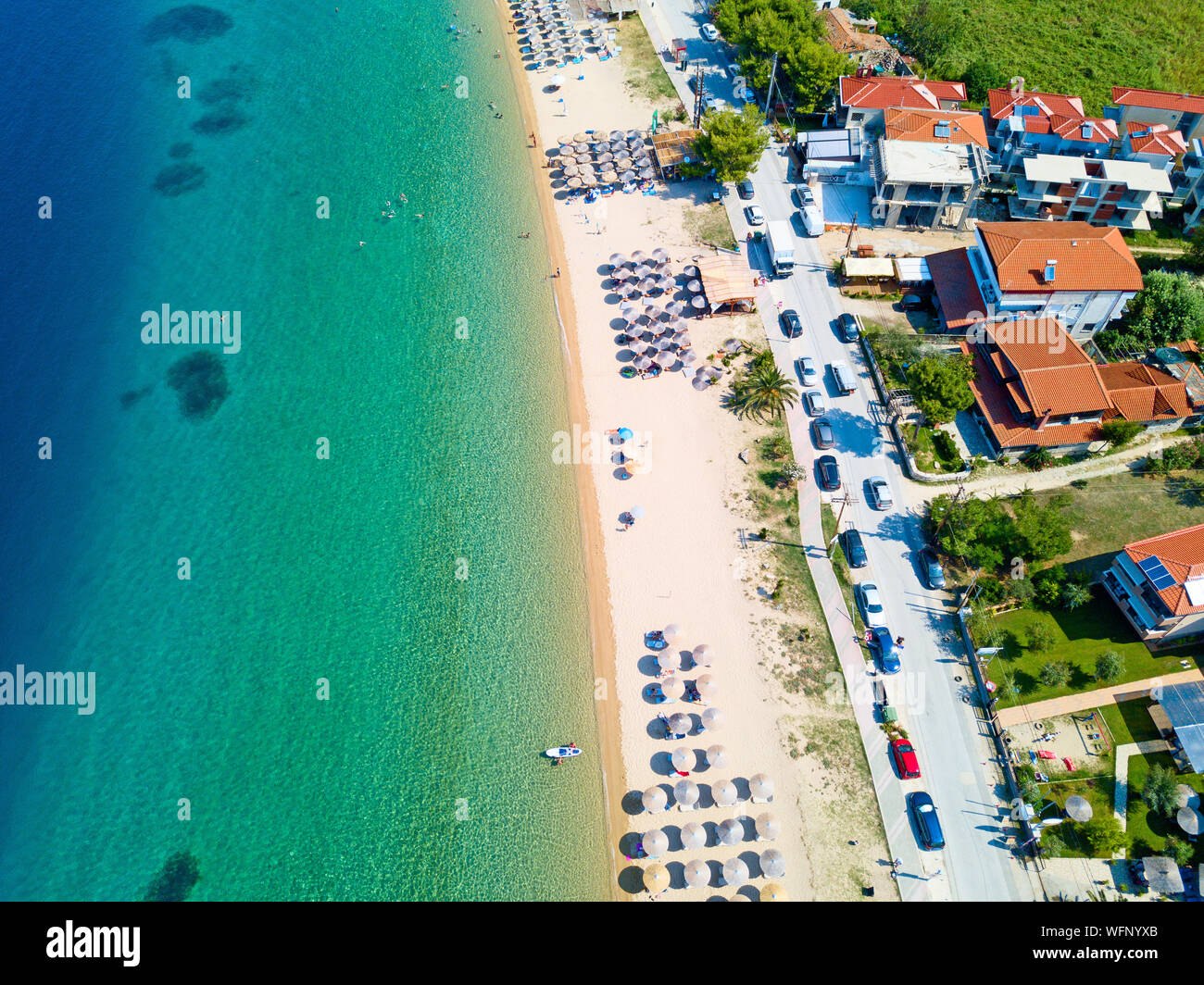 Aerial photo of the beautiful beach on Sitonia, Chalkidiki region ...
