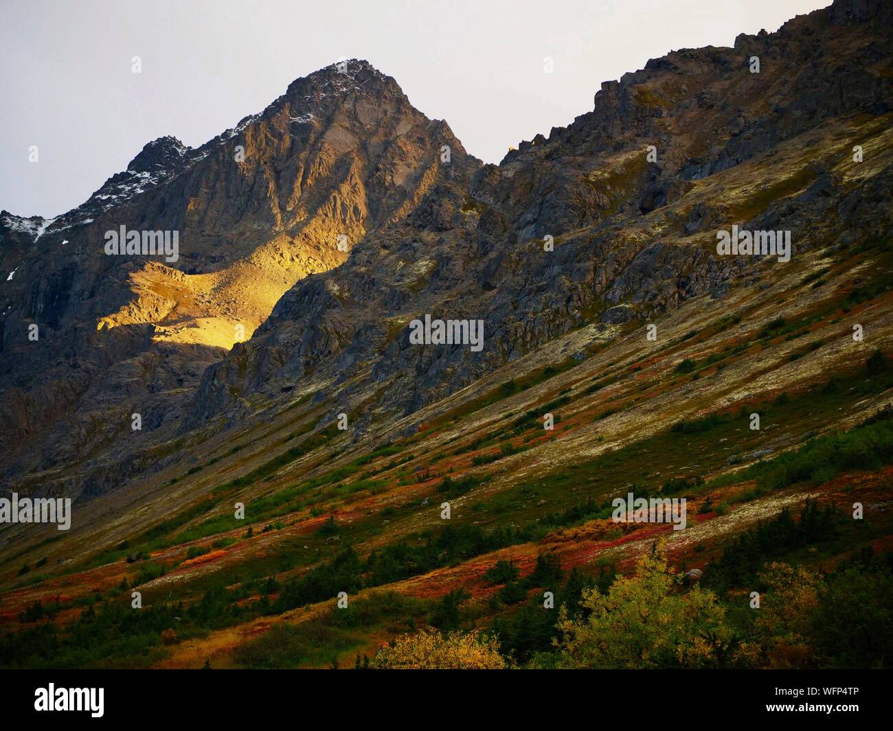 United States, Alaska, Anchorage, fall landscape, sunset on Flattop ...