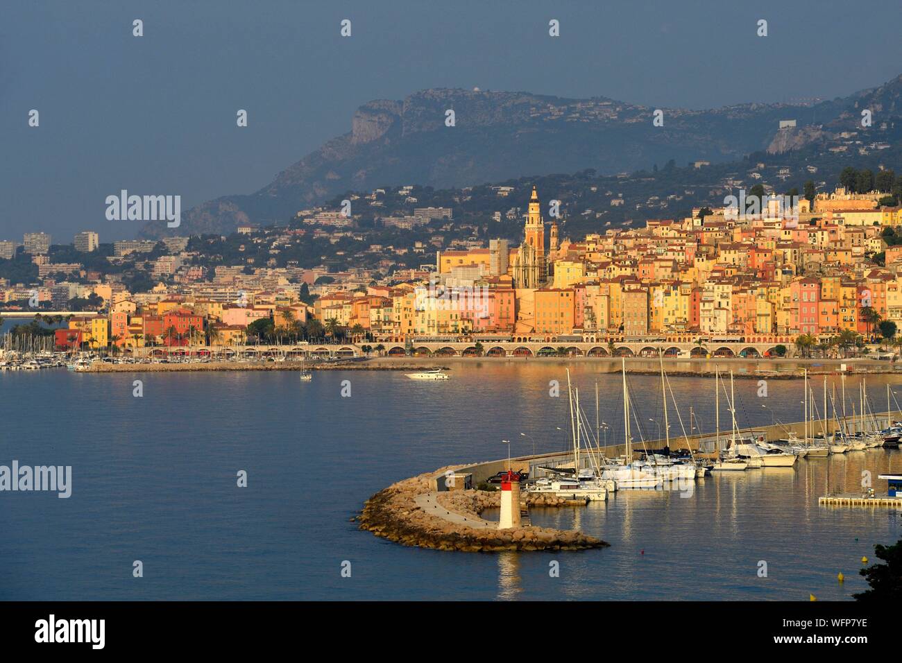 France, Alpes Maritimes, Cote d'Azur, Menton, the port and the old town ...