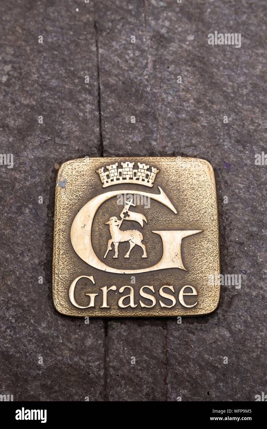 France, Alpes-Maritimes, Grasse, crest of the city of Grasse on the ...