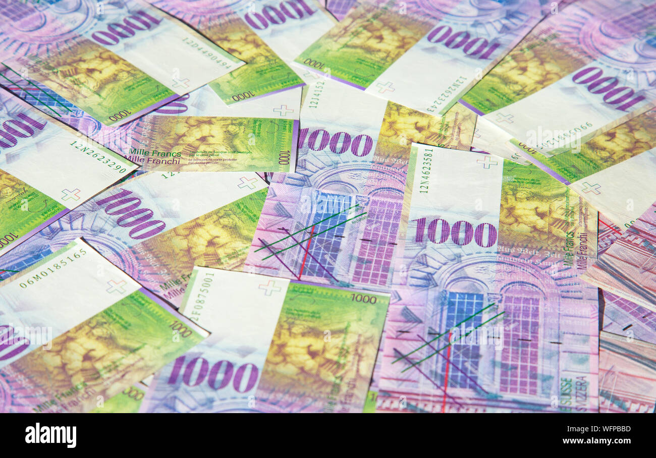 Collection of the Swiss 1000 franks banknotes. 1000 franks note issued ...