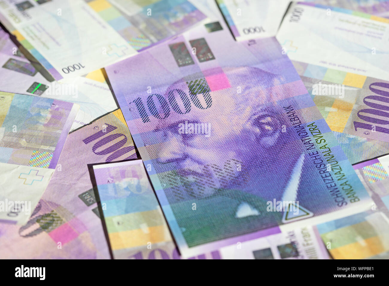 Collection of the Swiss 1000 franks banknotes. 1000 franks note issued ...