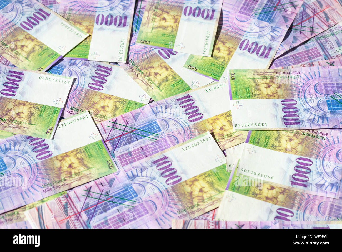 Collection of the Swiss 1000 franks banknotes. 1000 franks note issued ...