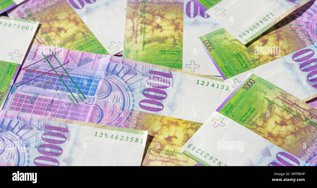 Collection of the Swiss 1000 franks banknotes. 1000 franks note issued ...