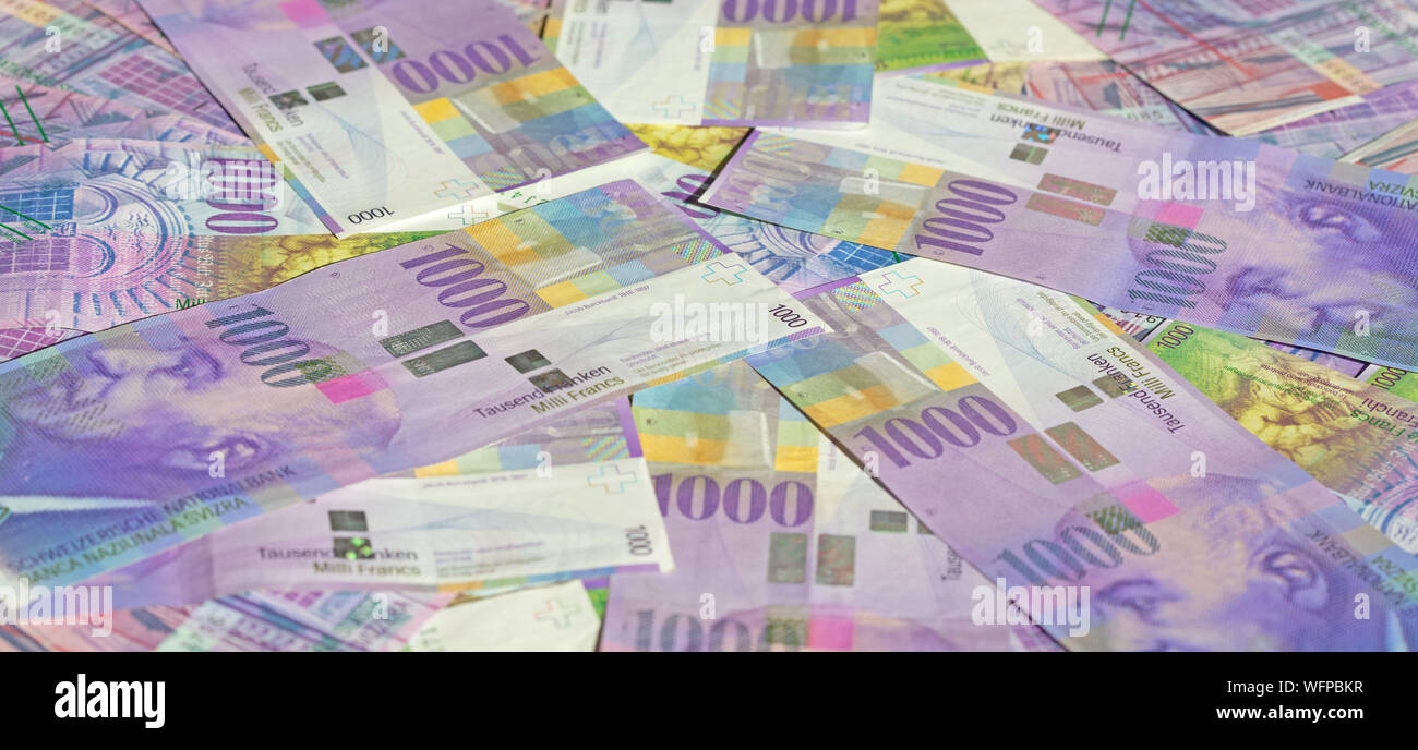 Collection of the Swiss 1000 franks banknotes. 1000 franks note issued ...