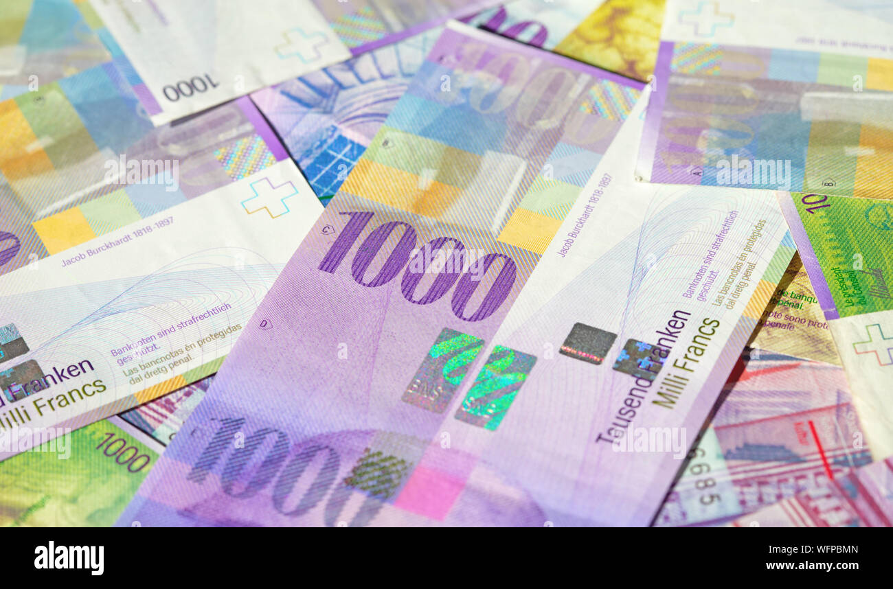 Collection of the Swiss 1000 franks banknotes. 1000 franks note issued ...