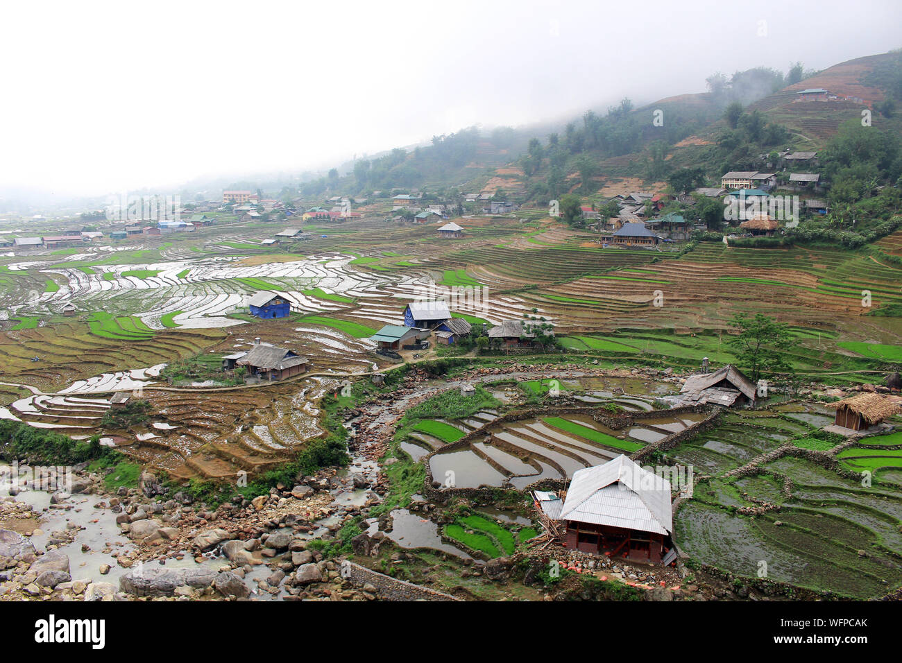 view over Sapa landscape with rice fields and houses. planting rice ...