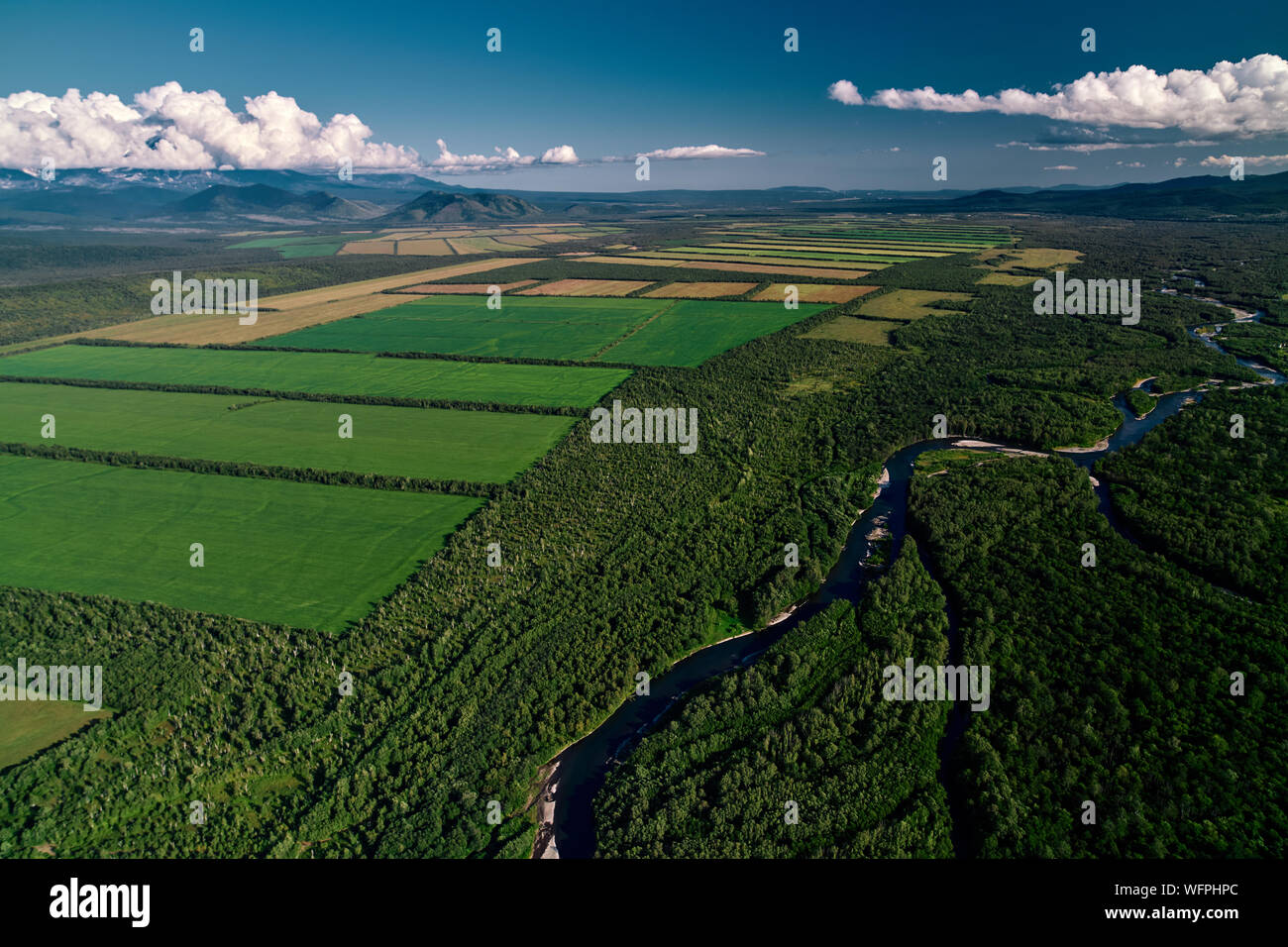 Aerial view of farm fields valley in the Kamchatka in Russia ...