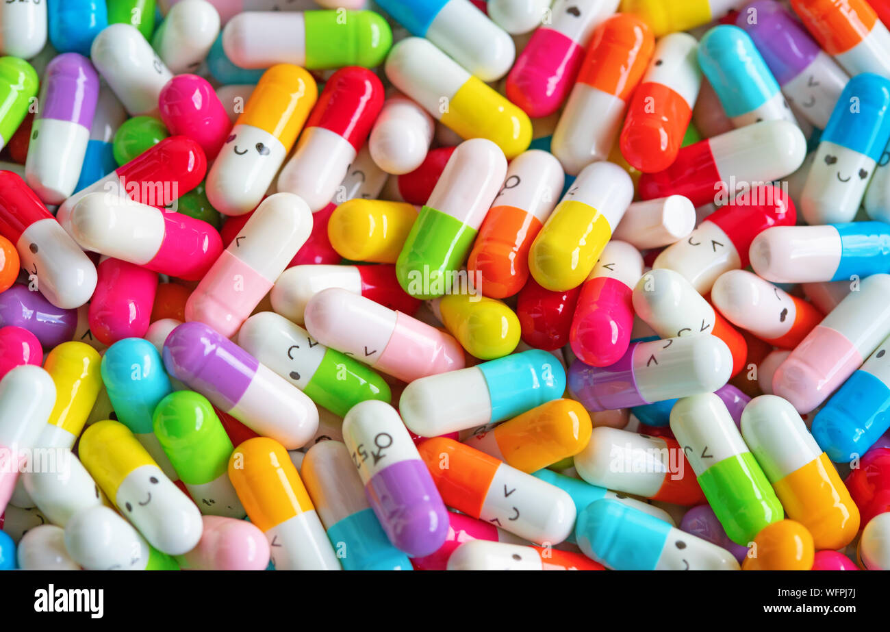 Collection of the colorful capsules with medicines Stock Photo - Alamy