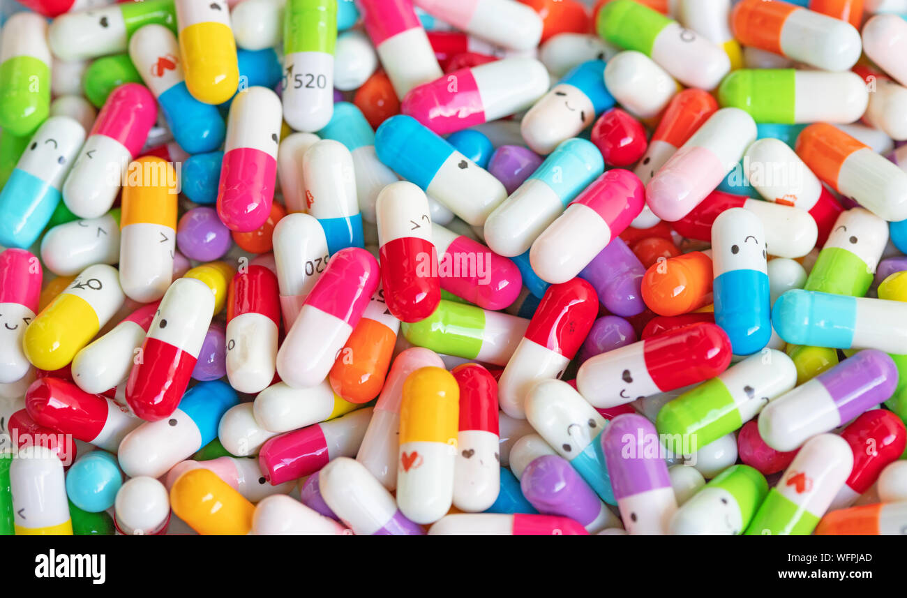 Collection of the colorful capsules with medicines Stock Photo - Alamy