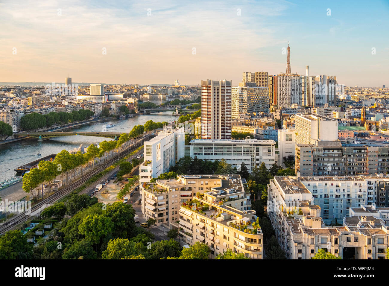 France, Paris, the buildings of the Front de Seine and the Eiffel Tower ...