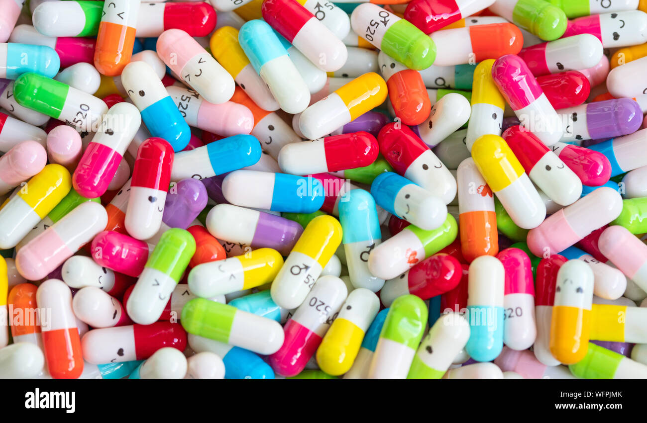 Collection of the colorful capsules with medicines Stock Photo - Alamy