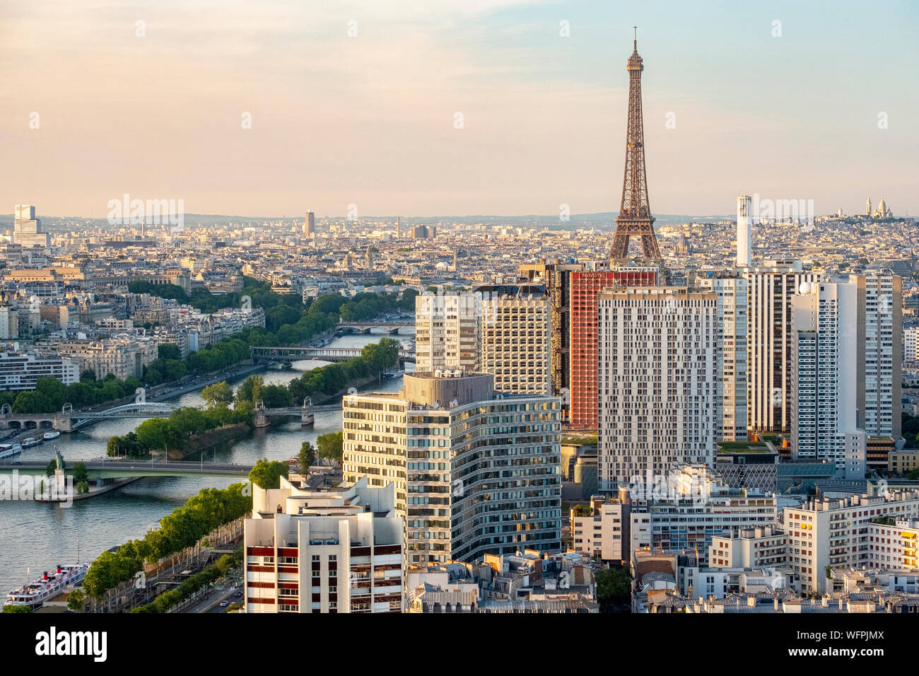 France, Paris, the buildings of the Front de Seine and the Eiffel Tower ...