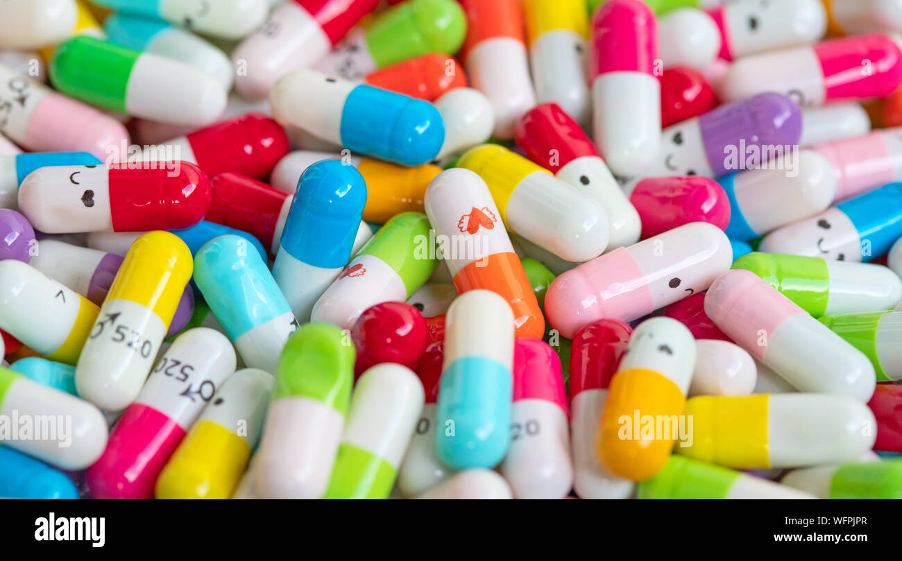 Collection of the colorful capsules with medicines Stock Photo - Alamy