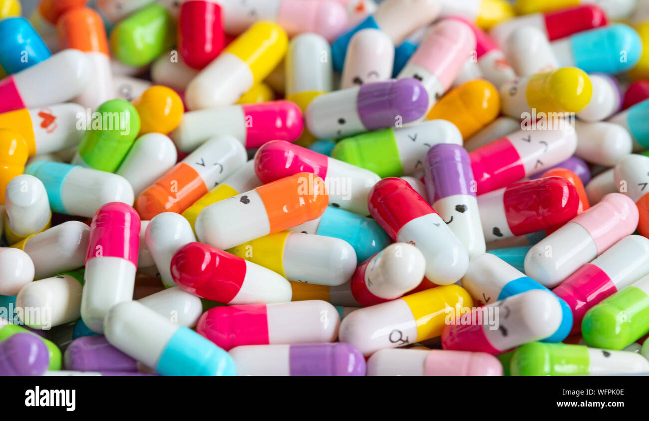 Collection of the colorful capsules with medicines Stock Photo - Alamy
