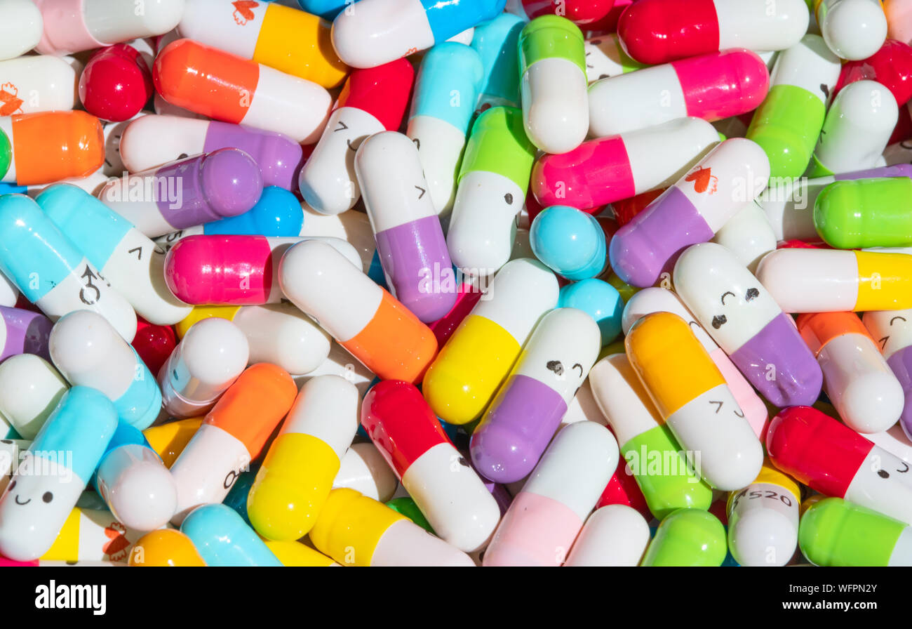 Collection of the colorful capsules with medicines Stock Photo - Alamy
