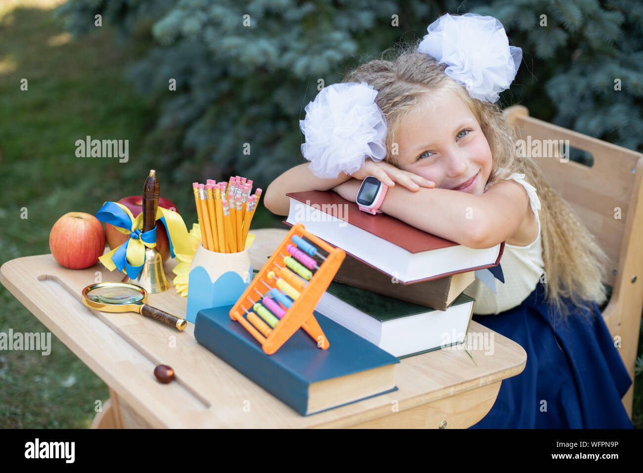 Portrait of beautiful first-grader sitting at desk on background autumn ...