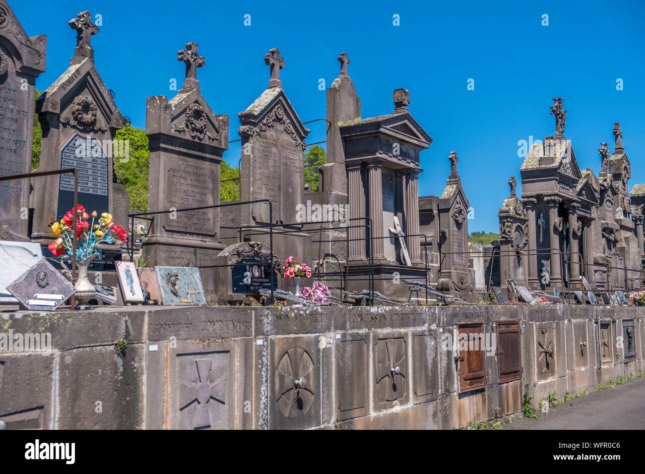 France, Puy de Dome, Volvic, lava graves in the cemetery, Parc Naturel ...