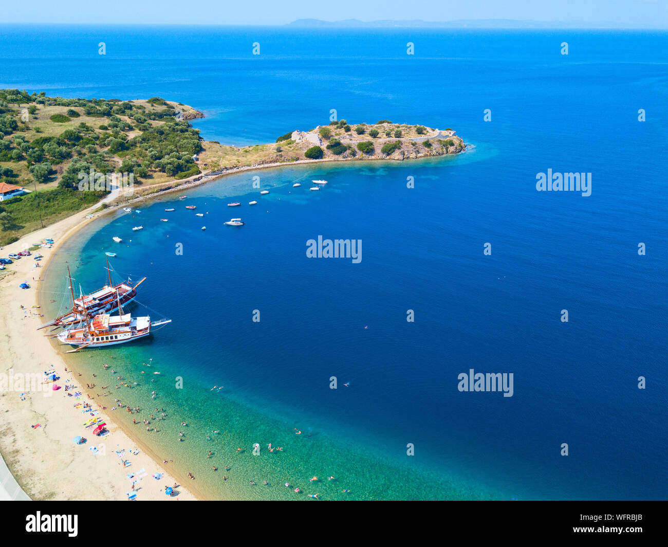 Aerial photo of the beautiful beach on Sitonia, Chalkidiki region ...