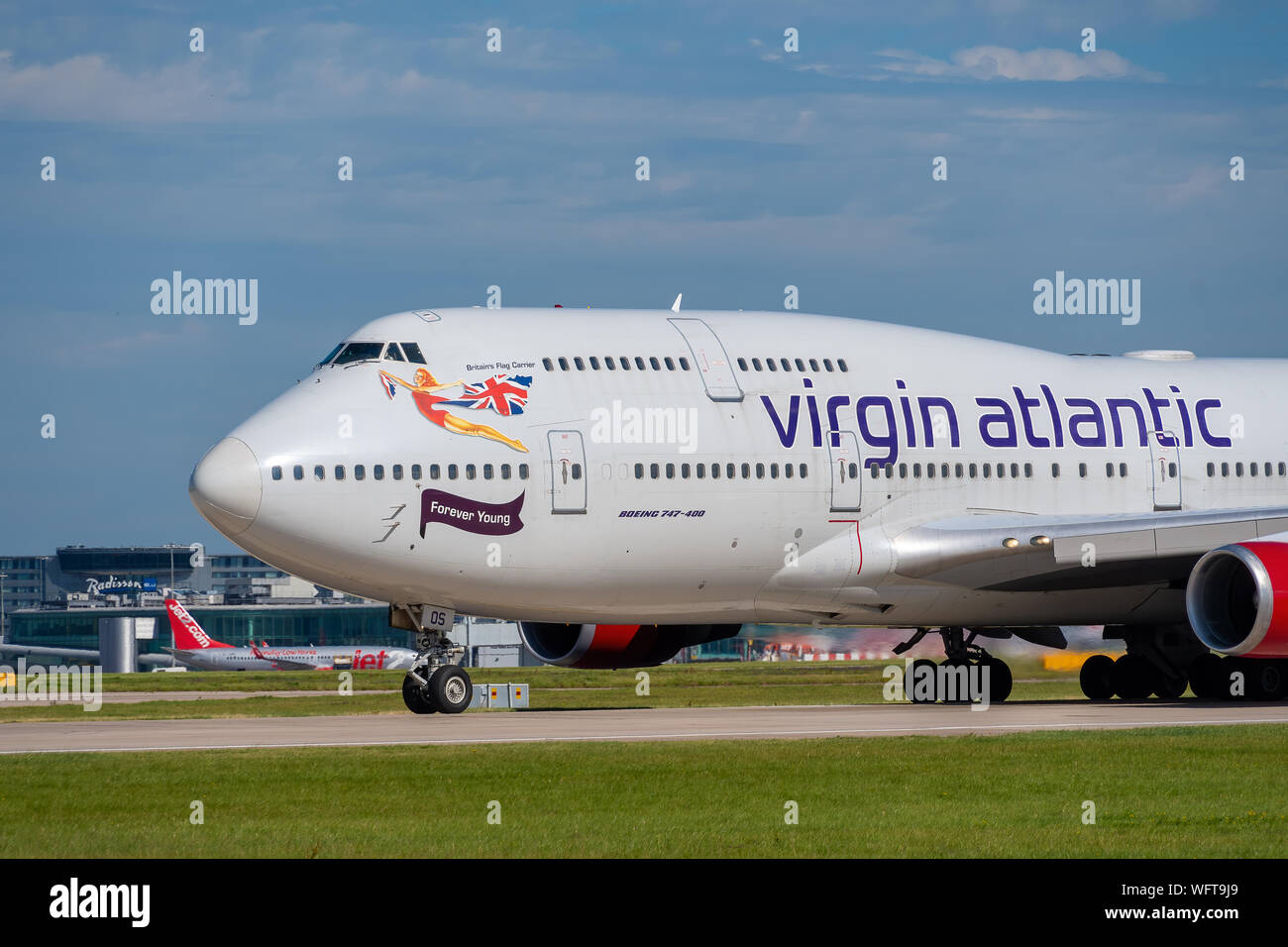 MANCHESTER, UNITED KINGDOM - AUGUST 24, 2019: Front view of a Virgin ...