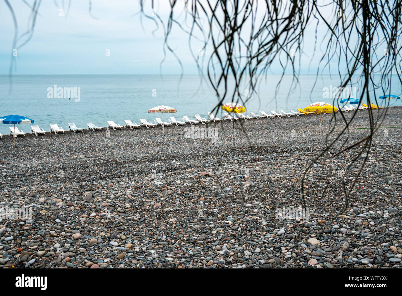 beautiful view of the stony beach in kvariati, Adjara. deck chairs on ...
