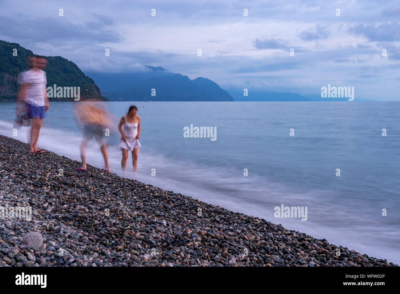 Sea waves of Black sea on Kvariati beach in Georgia. Beautiful sunset ...