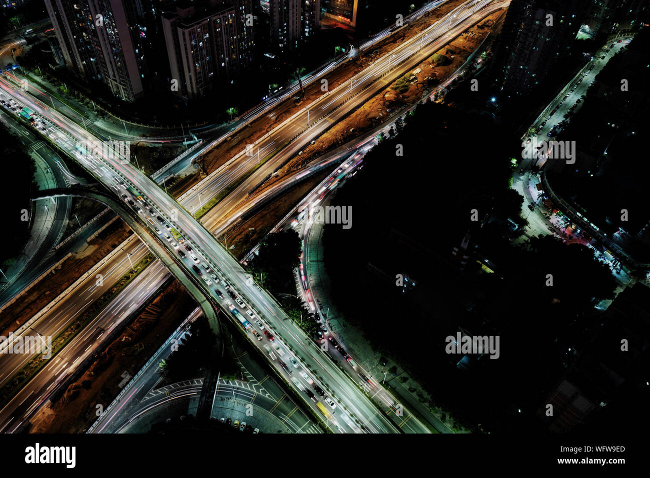 Aerial View Of Illuminated City Highway At Night Stock Photo - Alamy
