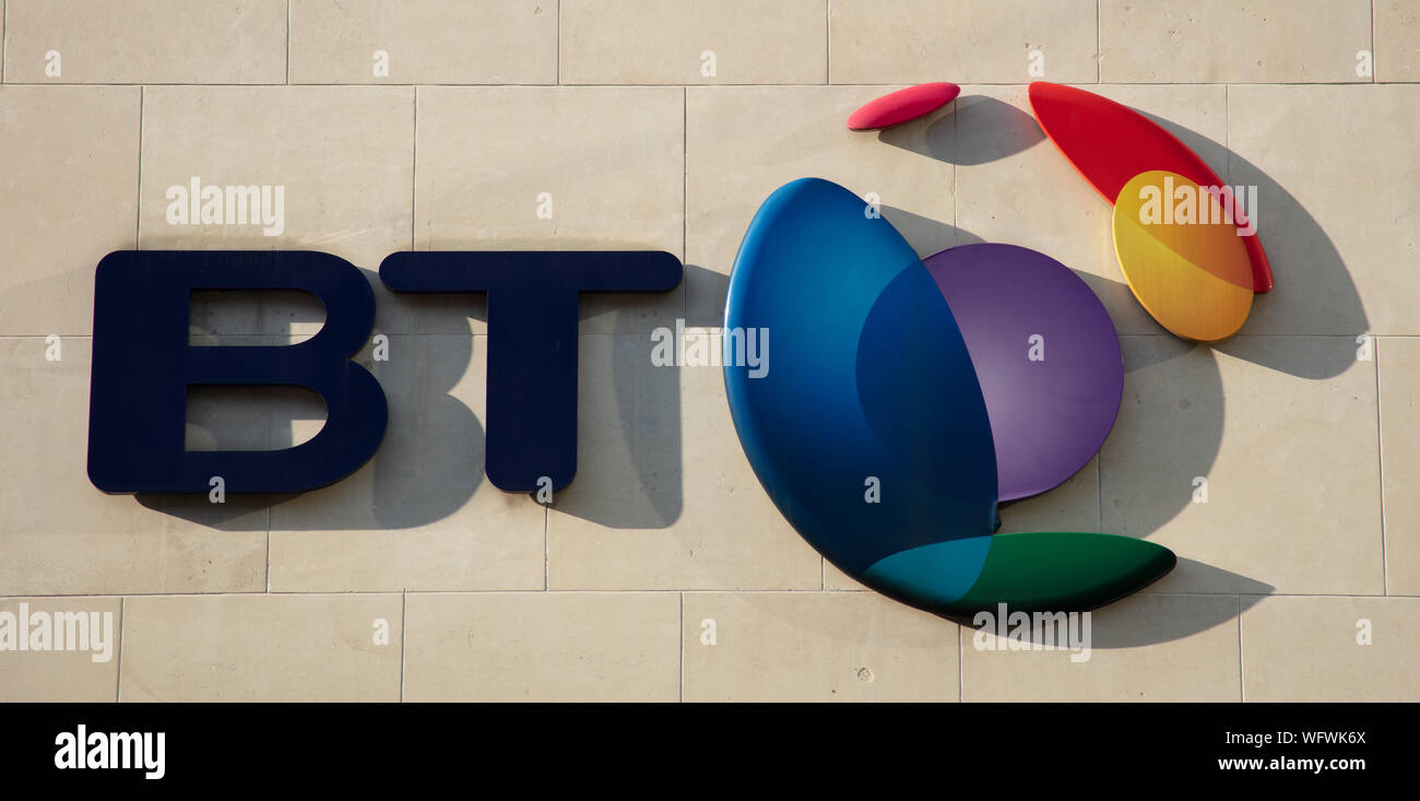 Sign of BT on the exterior of their office building in central London ...
