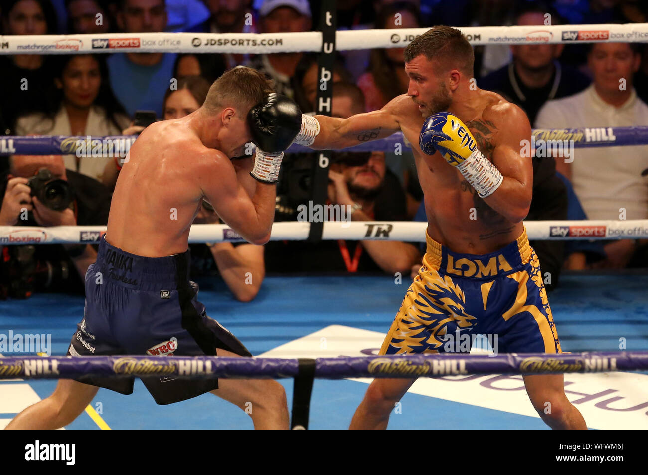 Vasiliy Lomachenko (right) and Luke Campbell in action during the WBC ...