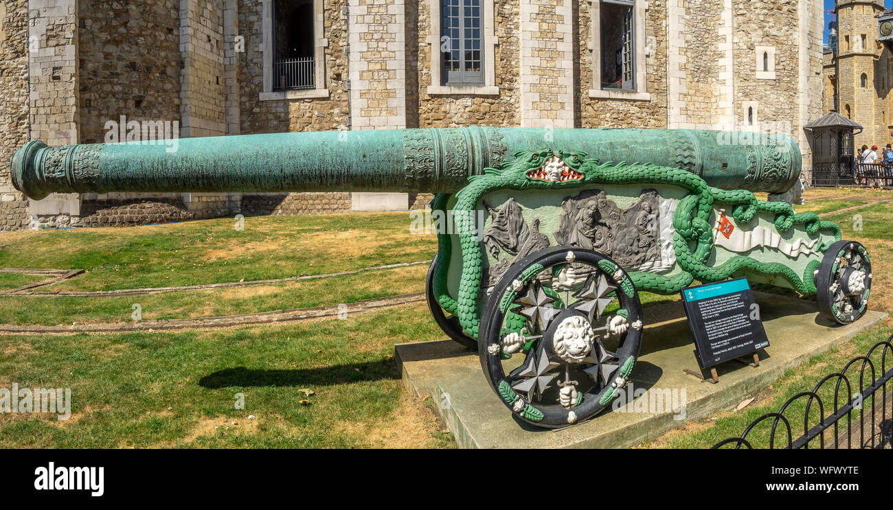 London, England - August 5, 2018: A 17th century Maltese cannon in ...