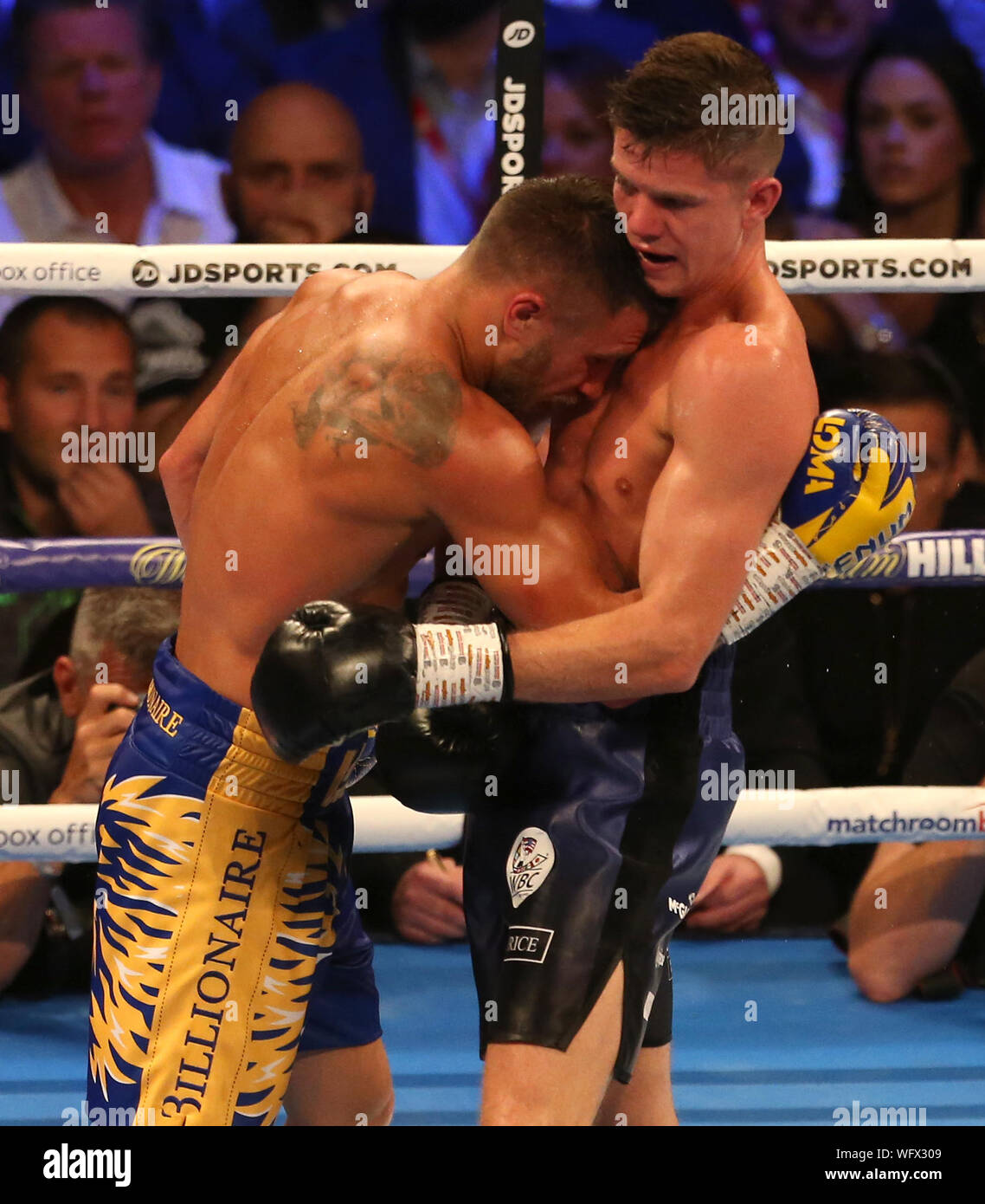 Vasiliy Lomachenko (left) and Luke Campbell in action during the WBC, WBO, WBA & Ring Magazine ...