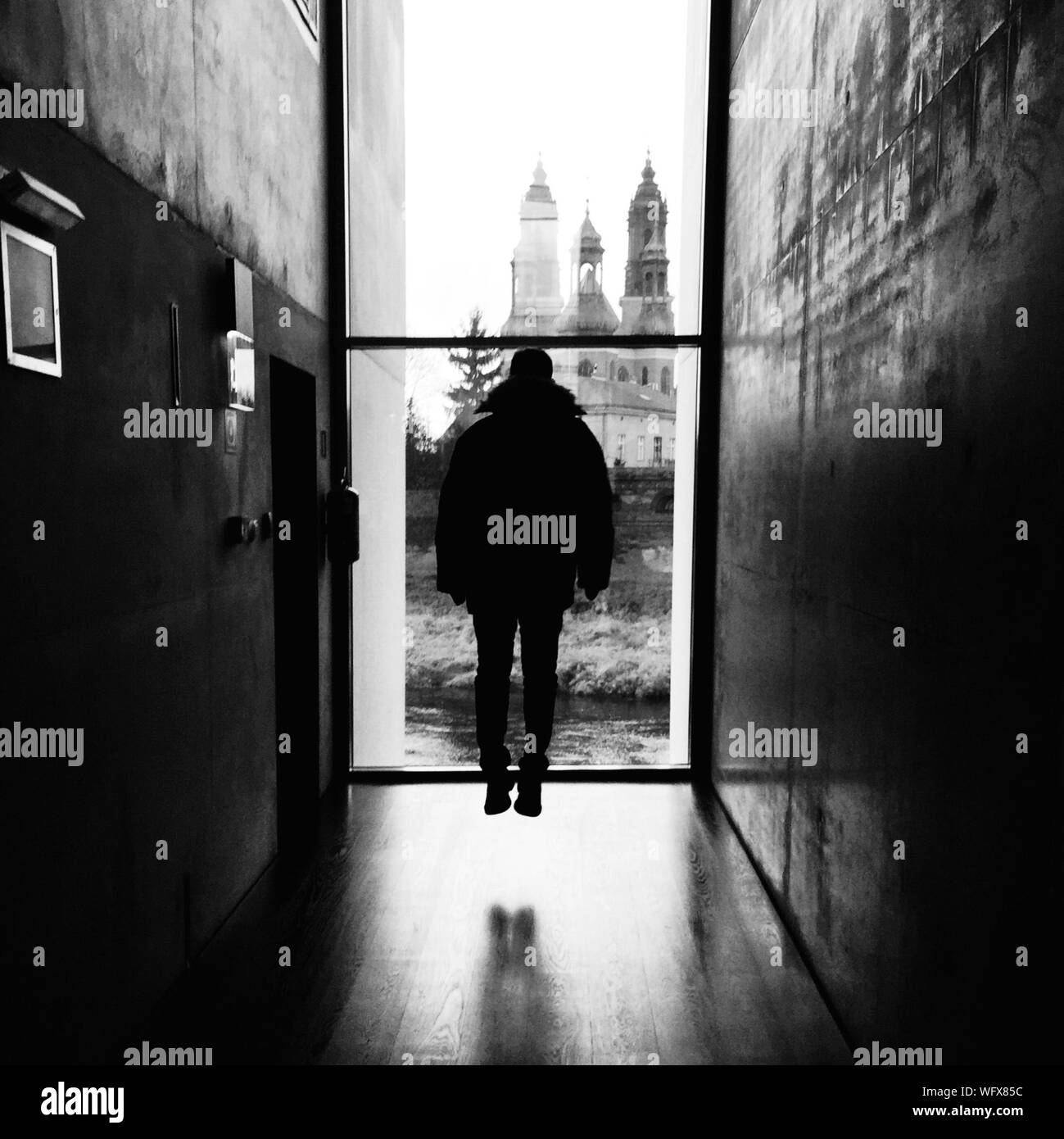 Person looking out window exterior view Black and White Stock Photos ...