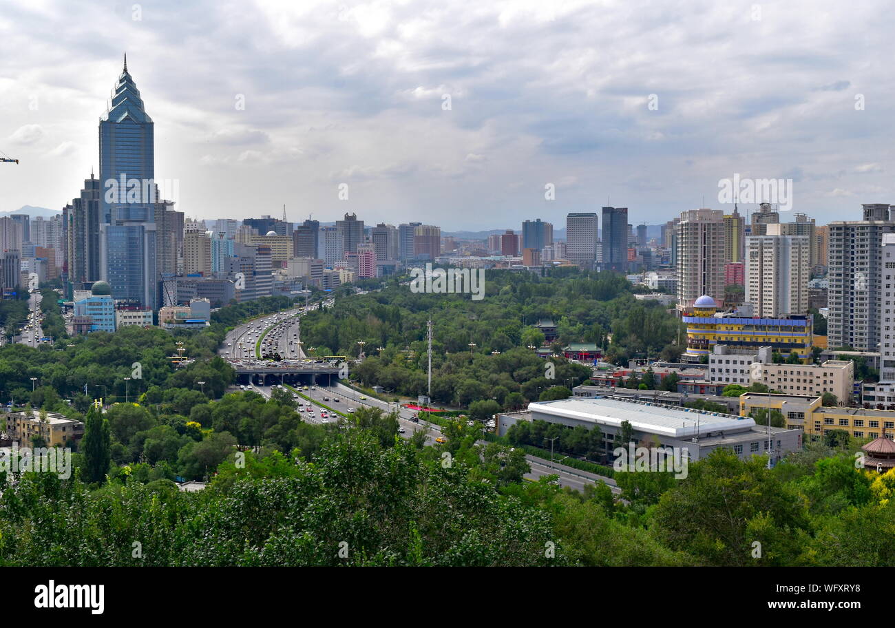 Urumqi modern city skyline and highway from Hongshan park - Xinjiang ...
