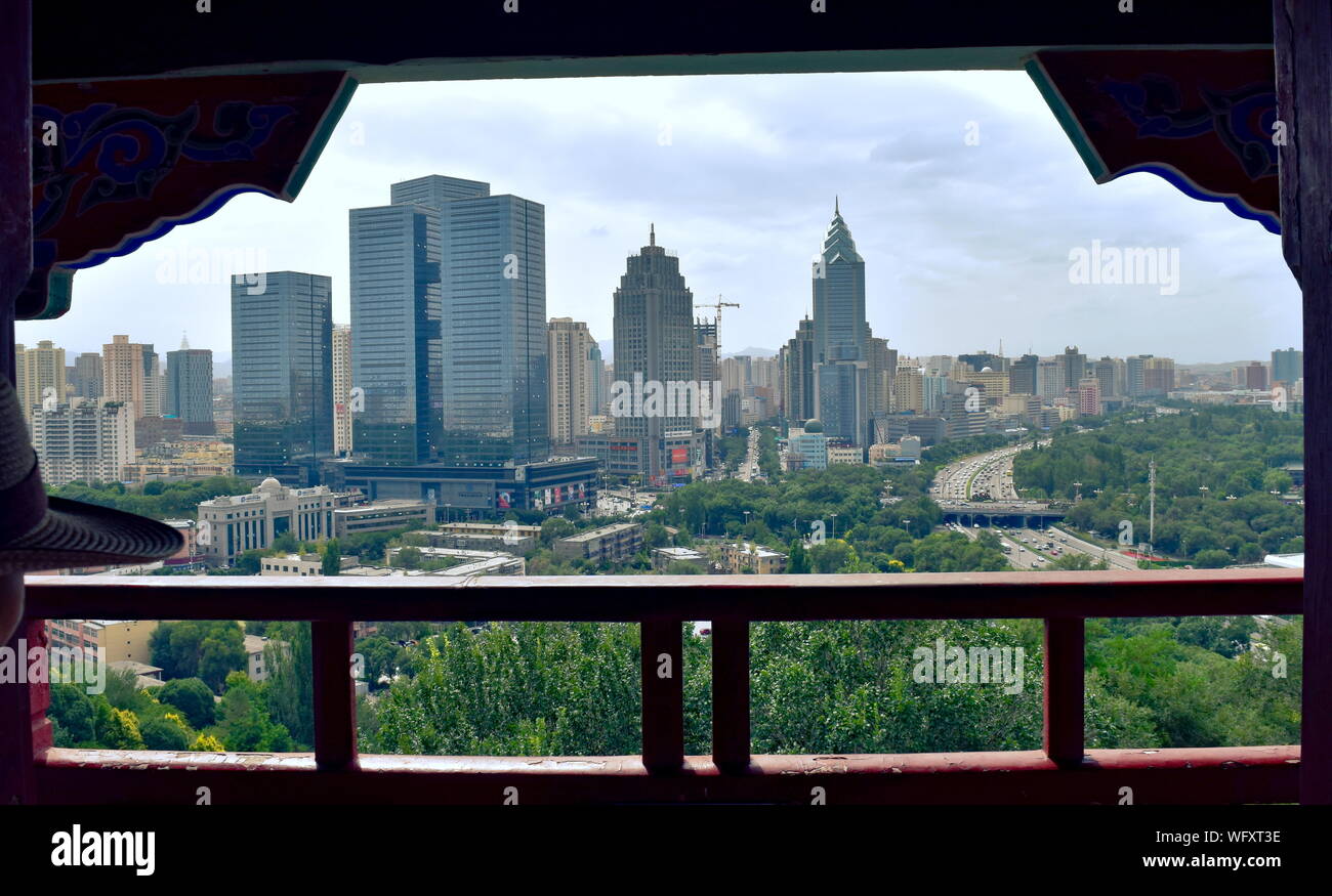 Urumqi modern city skyline from Hongshan pagoda balcony - Xinjiang ...