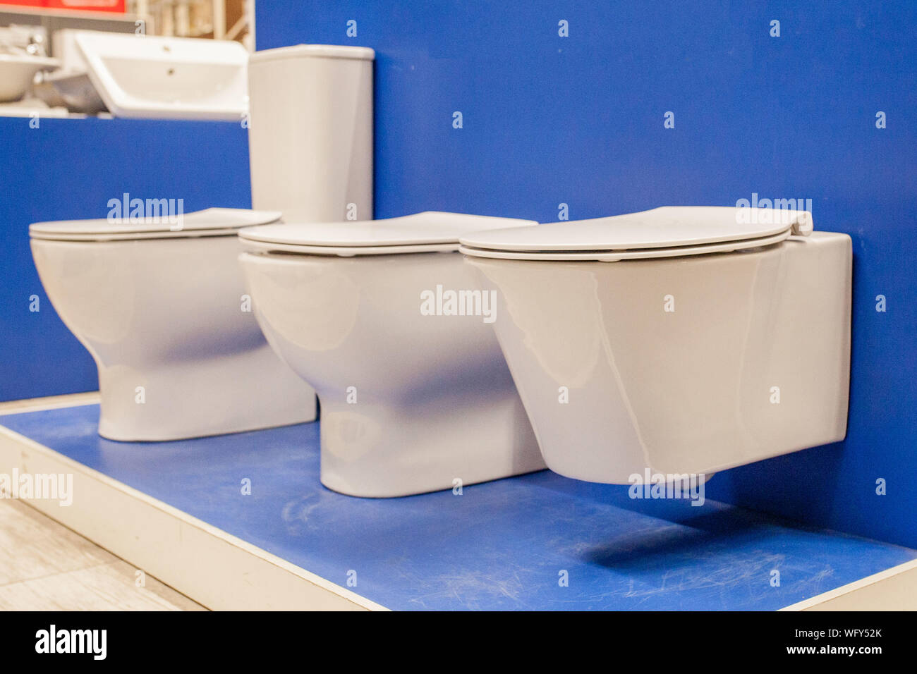 New toilet bowl display in hypermarket of home product and building ...