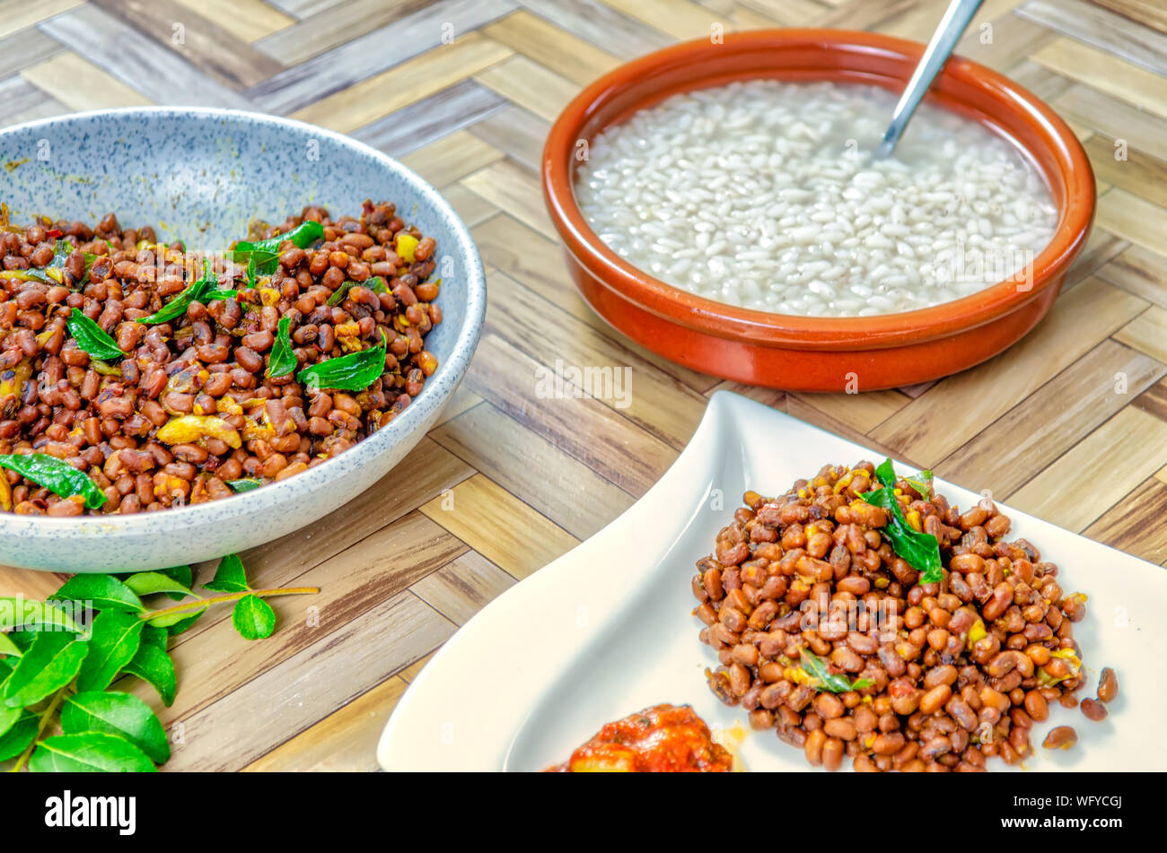 Traditional South Indian Food of Rice Porridge & Red Cow Peas Curry ...