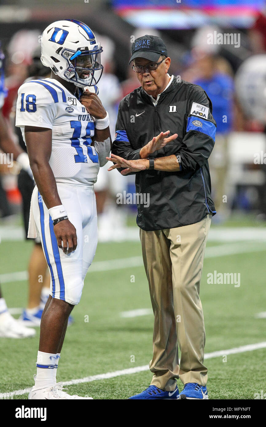 August 31, 2019: Duke head coach David Cutcliffe speaks with Quentin ...