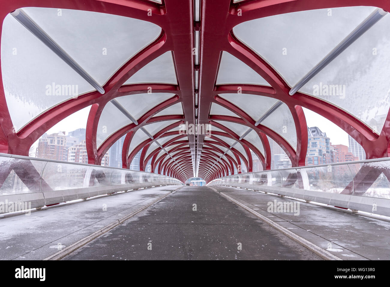 Inside a pedestrian bridge in Calgary Alberta during a snowy and ...