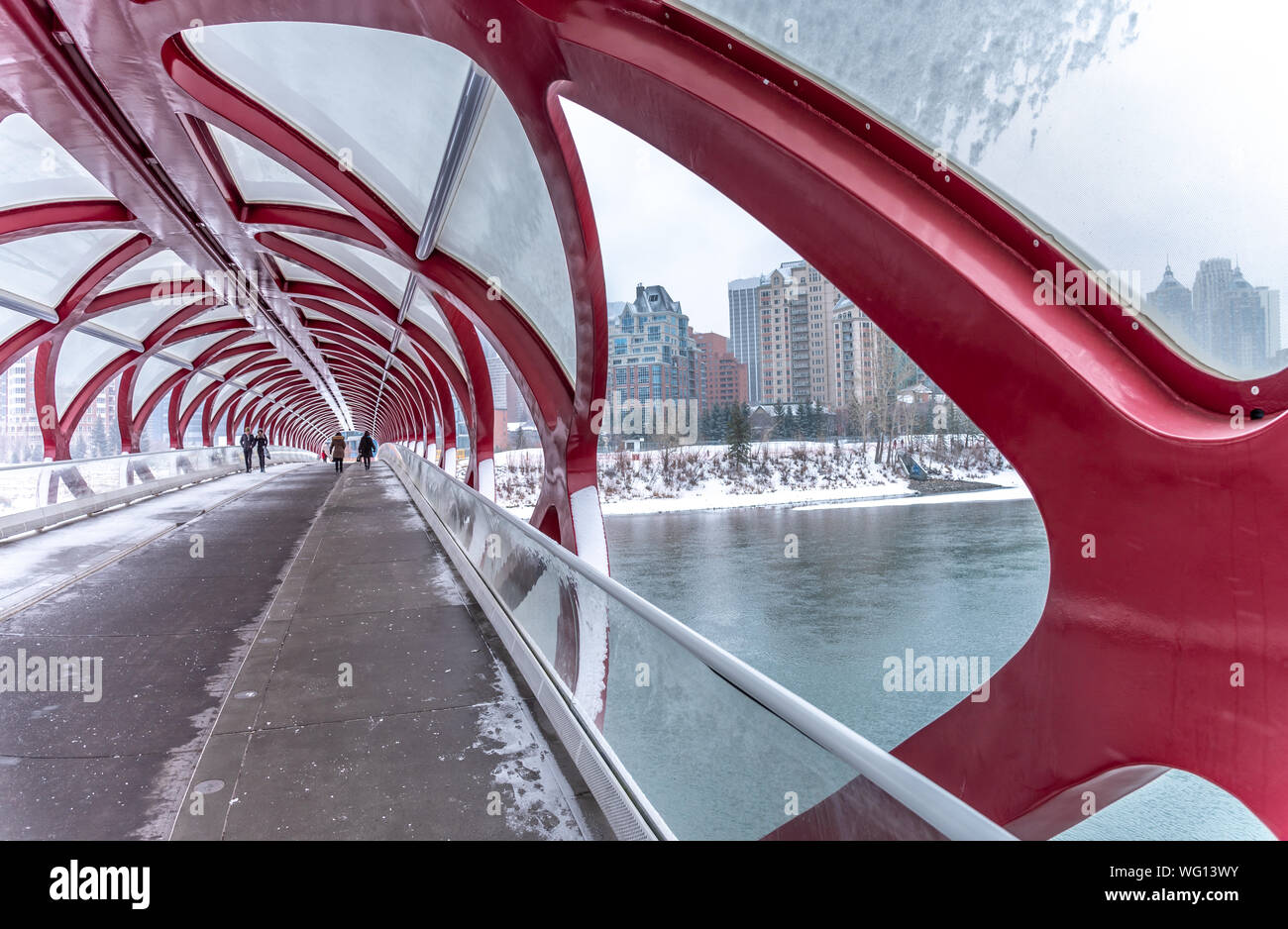 Inside a pedestrian bridge in Calgary Alberta during a snowy and ...