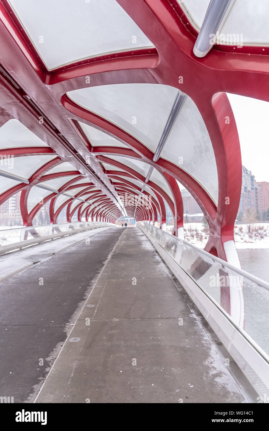 Inside a pedestrian bridge in Calgary Alberta during a snowy and ...