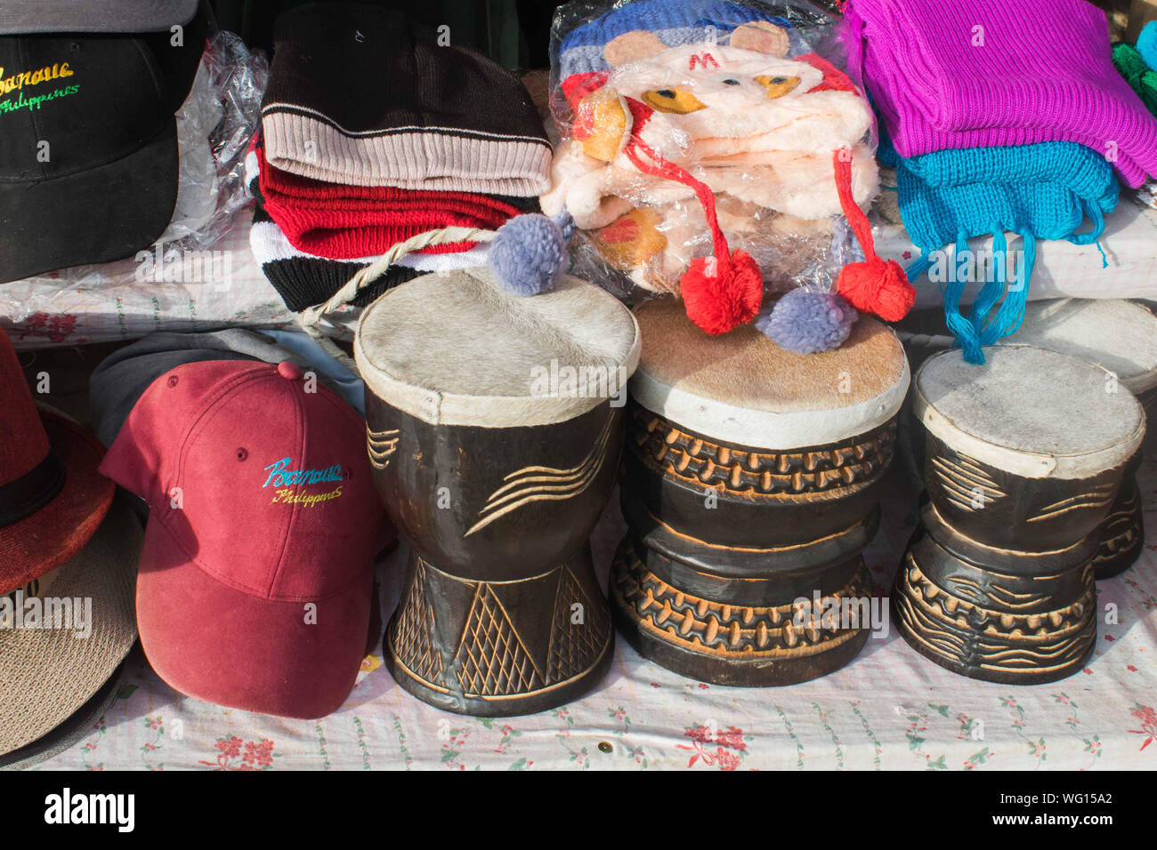 August 25 2019 Banaue Ifugao Philippines Knitted Warmers And Scarfs And Wooden Drums