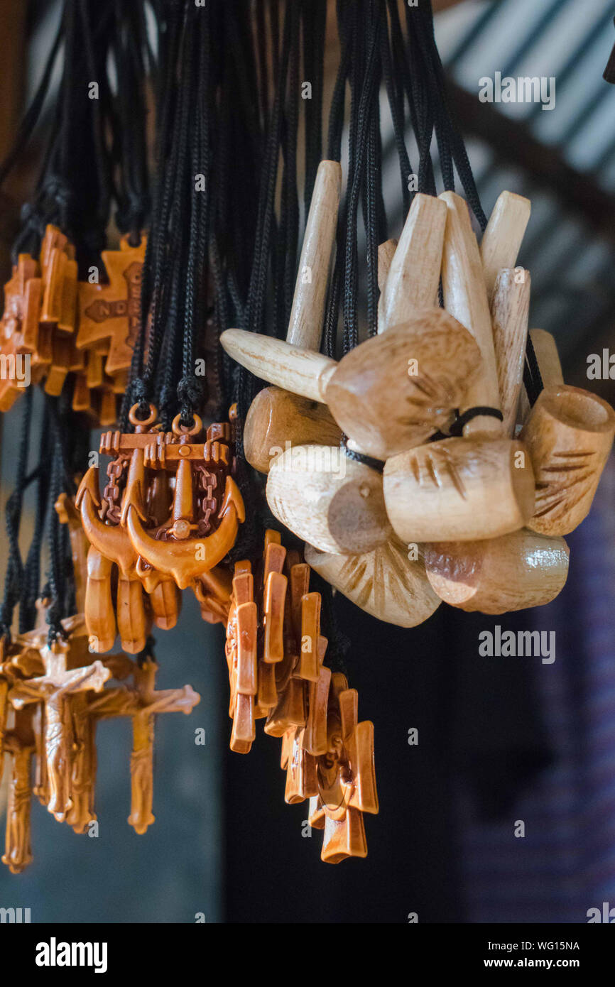 AUGUST 25, 2019-BANAUE IFUGAO PHILIPPINES: Small wooden carved necklace ...