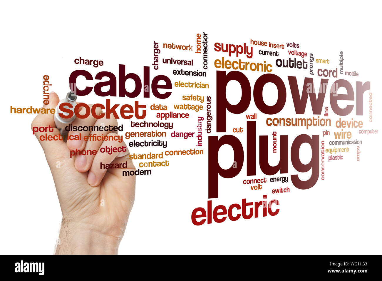 Power plug word cloud concept Stock Photo - Alamy