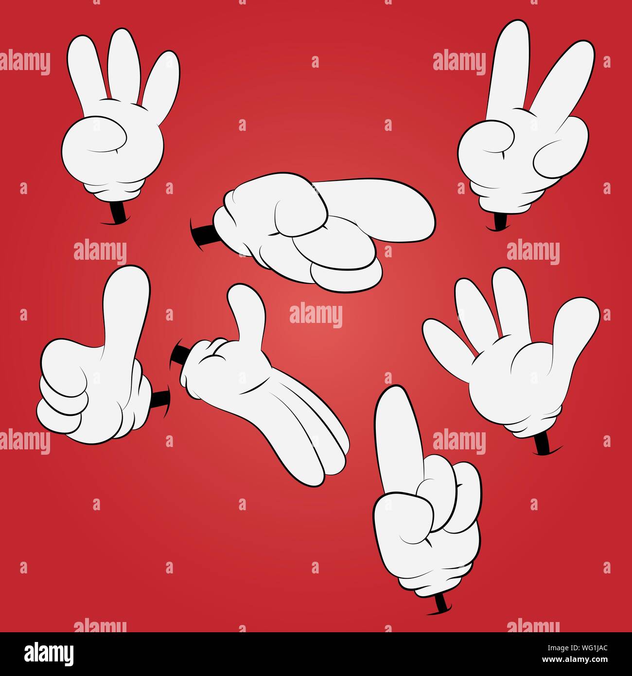 Set of seven cartoon hands on a red gradient background, vector ...