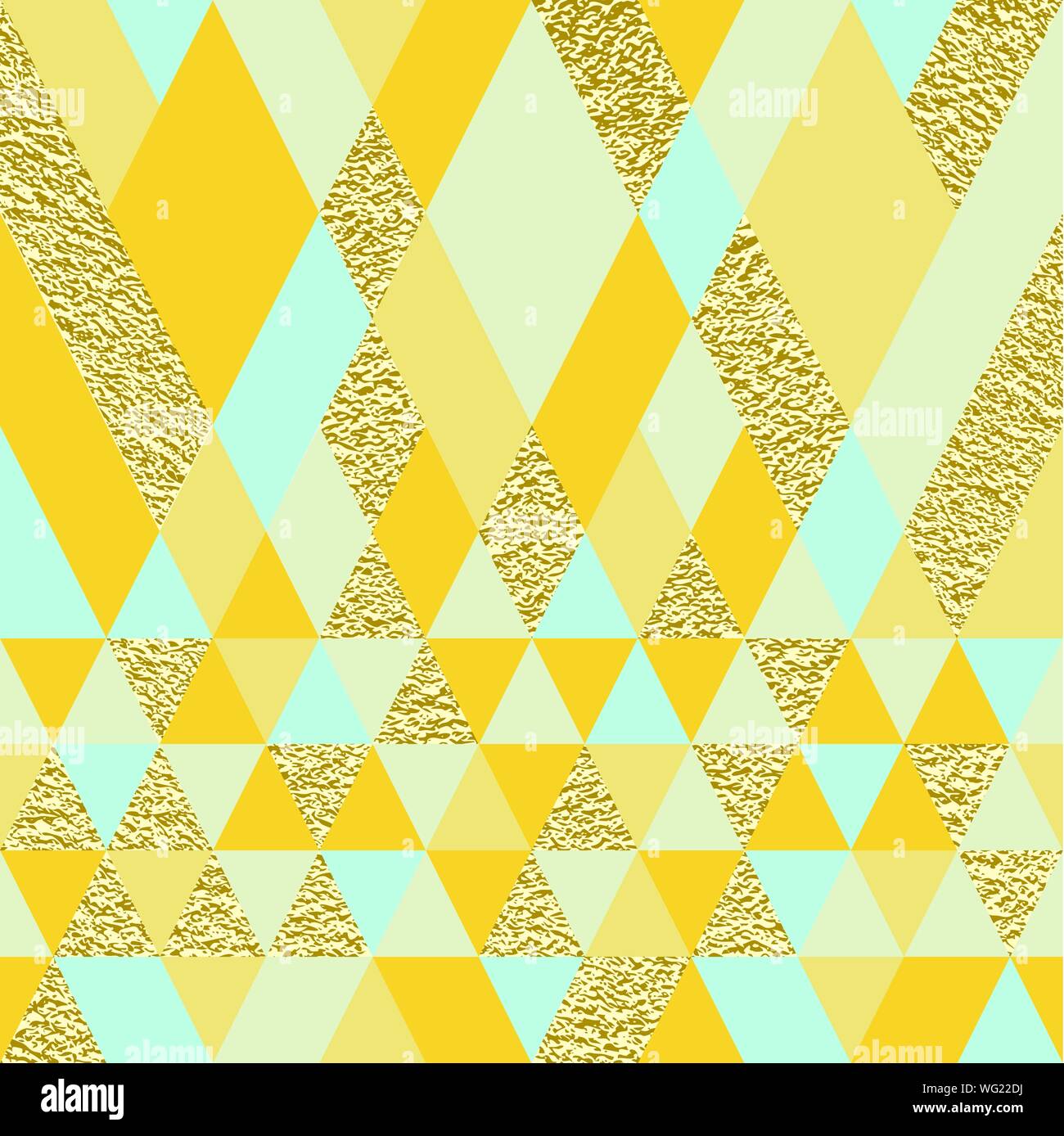 Seamless colorful abstract triangles pattern with gold glitter texture. Retro background of ...
