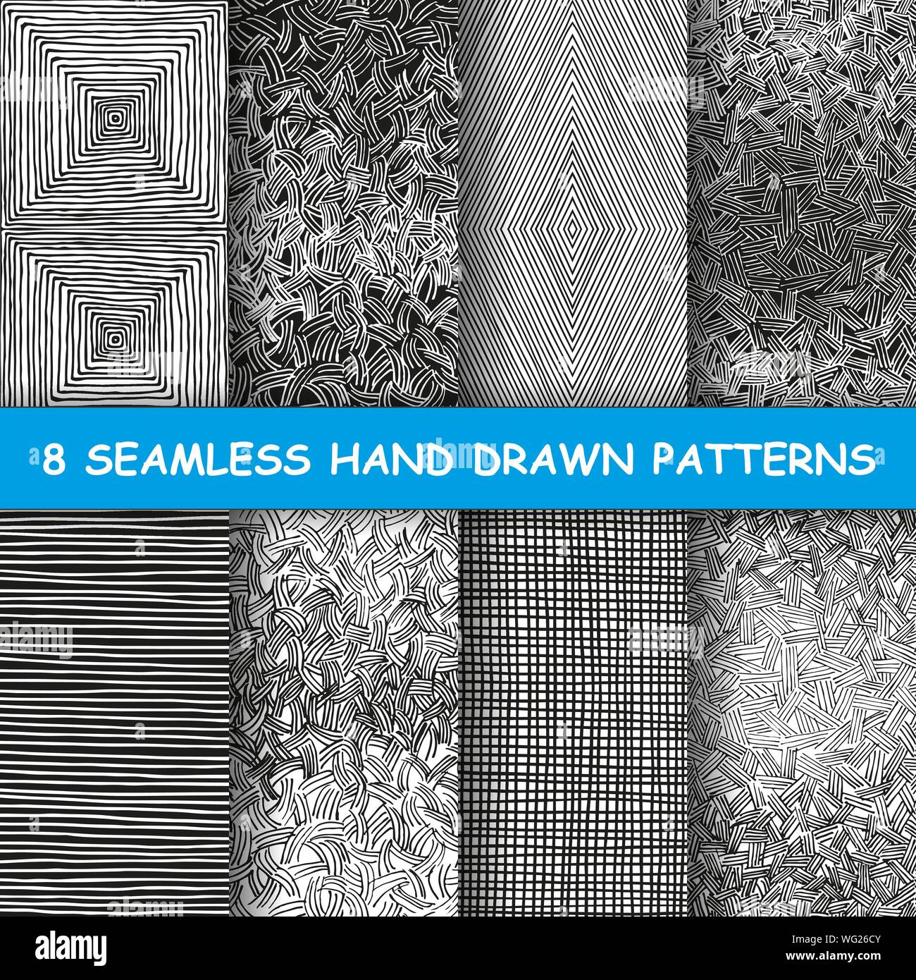 Set of eight hand drawn graphic patterns. Cute sketched backgrounds ...