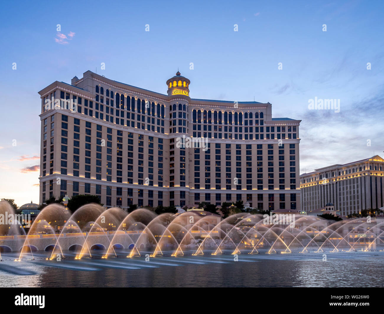 The Fountains of Bellagio Resort and Casino at dusk. The fountains of ...