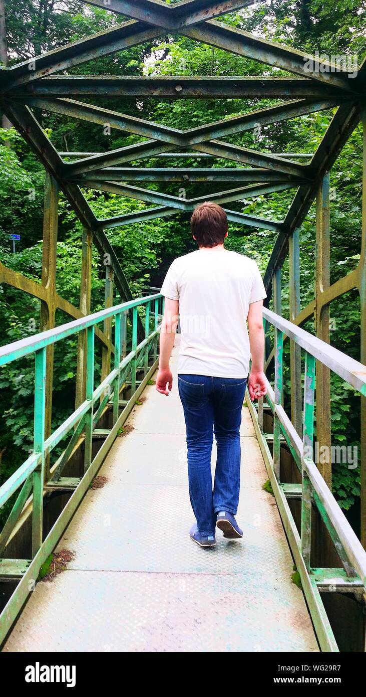 Rear View Of Man Walking On Bridge Against Trees Stock Photo - Alamy