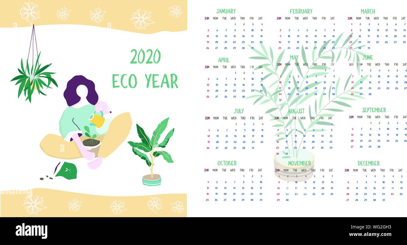 Calendar 2020. Calendar set with yoga woman sitting minimalistic ...